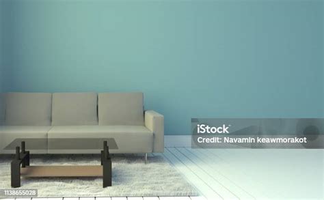 회색 소파와 카펫 밝은 파란색 벽 배경으로 거실 인테리어 3d 렌더링 0명에 대한 스톡 사진 및 기타 이미지 0명 가구 거실 Istock