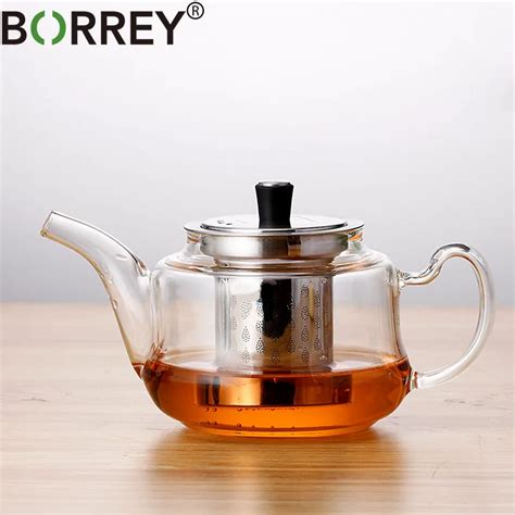 Borrey 찻주전자 유리 퓨어 주전자 꽃 차 세트 내열성 유리 찻주전자 인퓨저 차 커피 탈착식 필터 차 용품 보리 티 주전자