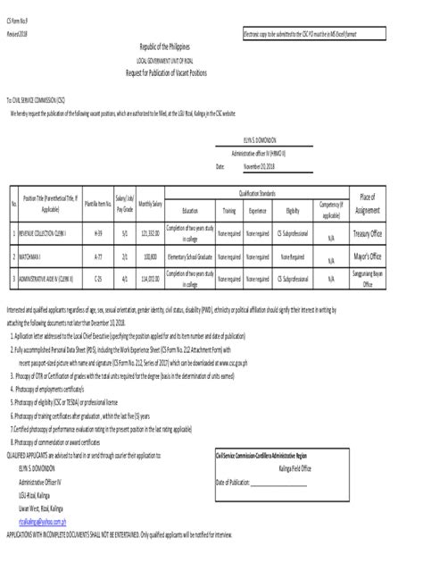 Fillable Online Cs Form No 9 Revised 2018 I Electronic Copy To Be