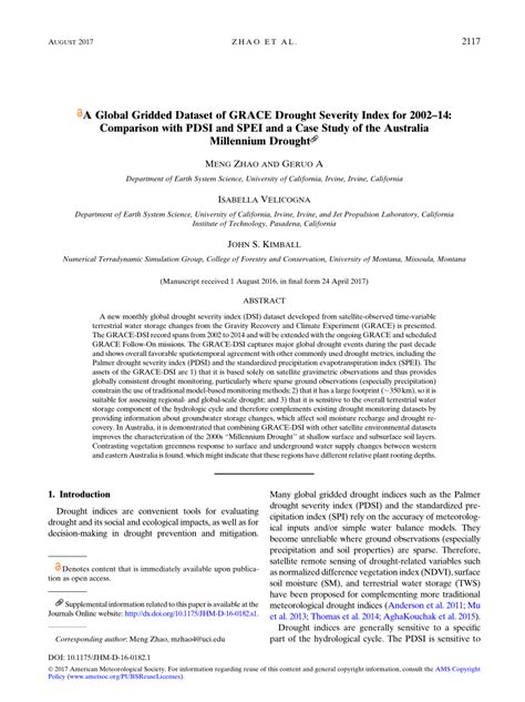 Pdf A Global Gridded Dataset Of Grace Drought Severity Index For 200214 Comparison With Pdsi