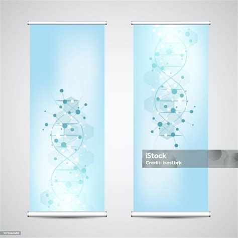 롤 배너 스탠드 Dna 가닥과 분자 구조를 유전 공학 또는 실험실 연구입니다 의료 과학 및 기술 설계를 위한 추상적인 기하학적 텍스처 Dna에 대한 스톡 벡터 아트 및 기타