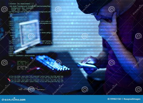 Hacker Using Mobile Phone Cyber Stock Photo Image Of Programming Spam 99982158