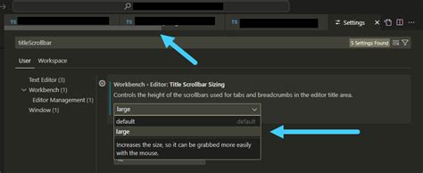 how to increase height of editor tab scrollbar vs code settings tip
