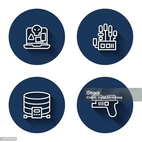 설정 라인 인터넷 불법 복제 기계 로봇 손 클라우드 데이터베이스 및 긴 그림자가있는 미래형 무기 파란색 원 버튼 벡터 과학에 대한 스톡 벡터 아트 및 기타 이미지 Istock