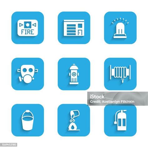 소화전 양동이 소화 화재 소화기 호스 릴 양동이 방독면 울리는 경보 벨 및 시스템 아이콘을 설정합니다 벡터 관 튜브에 대한 스톡 벡터 아트 및 기타 이미지 Istock