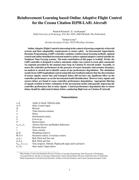 PDF Reinforcement Learning Based Online Adaptive Flight Control For The Cessna Citation II PH