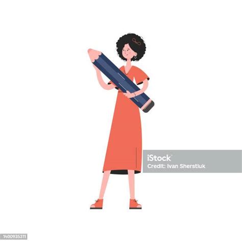 세련된 소녀는 큰 연필을 들고 완전히 성장합니다 격리 프리젠 테이션 사이트를위한 요소 개념에 대한 스톡 벡터 아트 및 기타