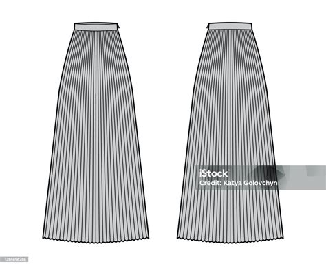스커트 선레이 플리츠 맥시 테크니컬 패션 일러스트와 바닥 발목 길이 실루엣 원형 의 충만 하단 0명에 대한 스톡 벡터 아트 및