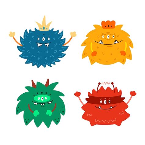 다채로운 재미 솜 털 만화 괴물 아이 벡터 일러스트 레이 션의 집합 프리미엄 벡터