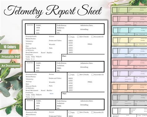 Telemetry Nurse Report Sheet Printable Sheets 10 Colours Digital