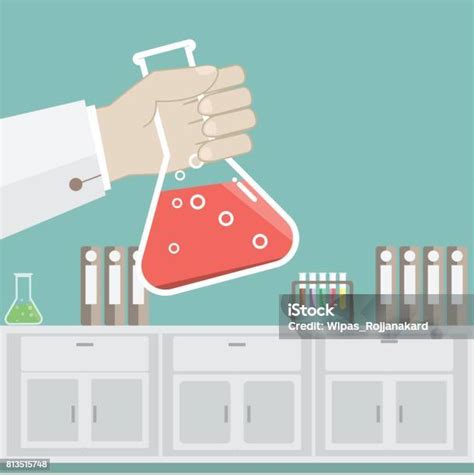 นักวิทยาศาสตร์มือการ์ตูนถือหลอดขวดในเสื้อคลุมห้องปฏิบัติการสีขาวทําการทดลอง ภาพประกอบสต็อก