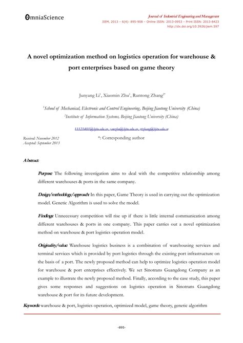 Pdf A Novel Optimization Method On Logistics Operation For Warehouse And Port Enterprises Based