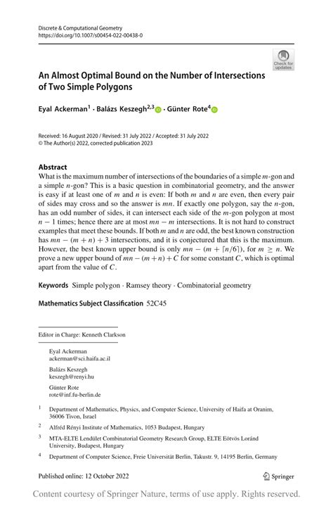 PDF An Almost Optimal Bound On The Number Of Intersections Of Two Simple Polygons