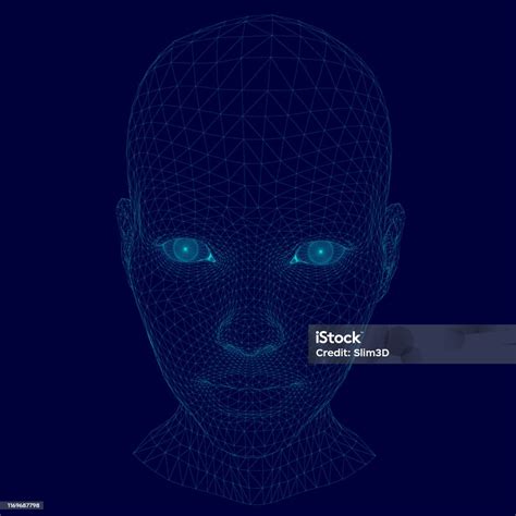 파란색 선에서 소녀의 머리의 와이어 프레임입니다 여자의 다각형 머리입니다 3d 벡터 그림 사람 얼굴에 대한 스톡 벡터 아트 및