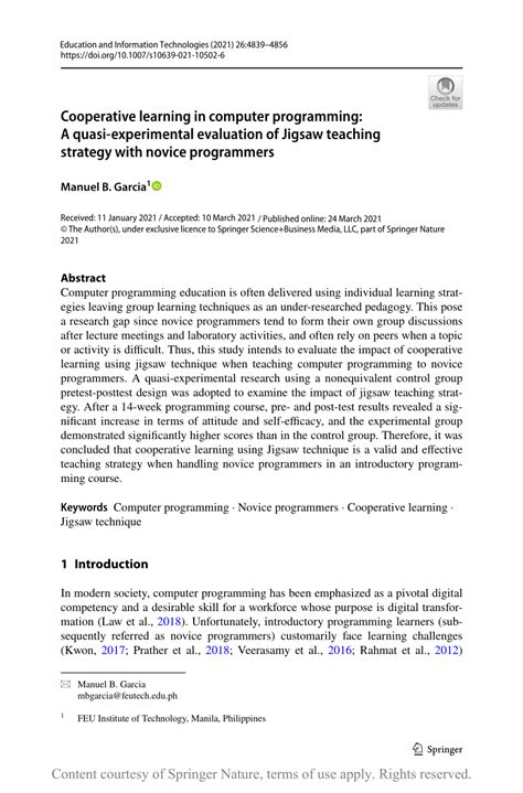 Cooperative Learning In Computer Programming A Quasi Experimental Evaluation Of Jigsaw Teaching