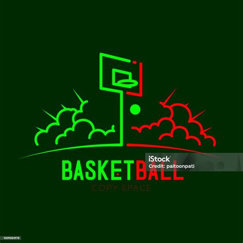 클라우드 반경 로고 아이콘 개요 획 농구 후프 대시 선 디자인 그림 어두운 녹색 배경을 농구 텍스트와 복사 공간에 격리 설정 0