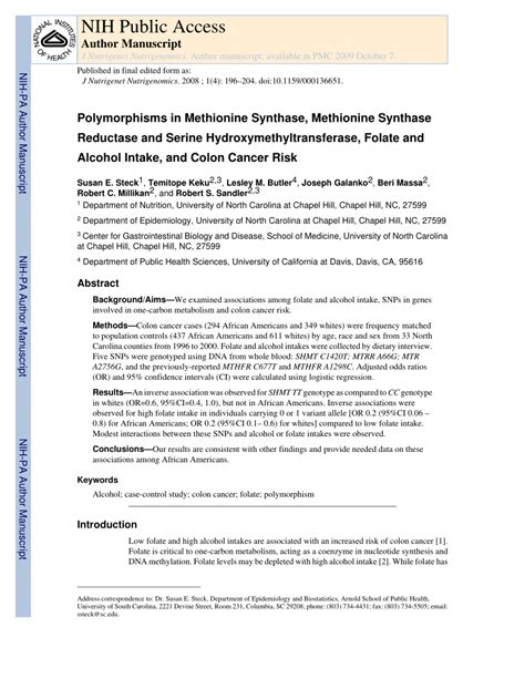 Pdf Polymorphisms In Methionine Synthase Methionine Synthase Reductase And Serine