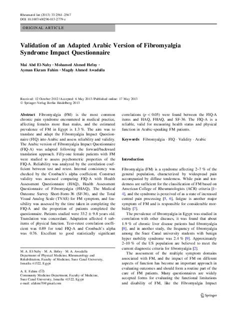 Pdf Validation Of An Adapted Arabic Version Of Fibromyalgia Syndrome