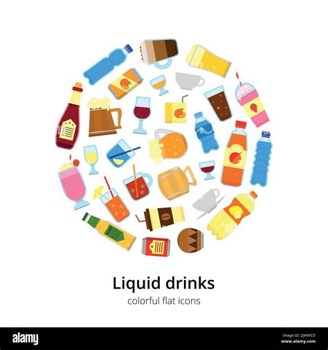 Different Flat Colorful Liquid Drinks Composed In Circle Shape With