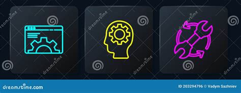 Set Line Browser Setting Wrench And Arrows As Workflow And Human Head With Gear Inside Black