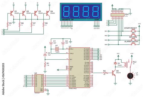 Vector Electrical Schematic Diagram A Drawing Of An Electronic Device For Data Output To Seven
