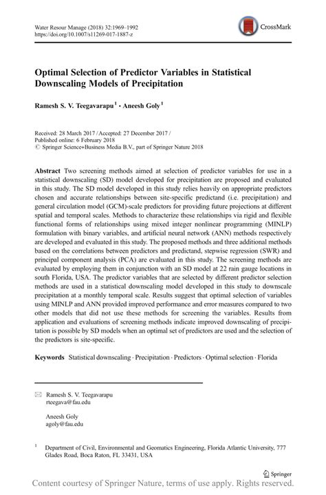 Optimal Selection Of Predictor Variables In Statistical Downscaling