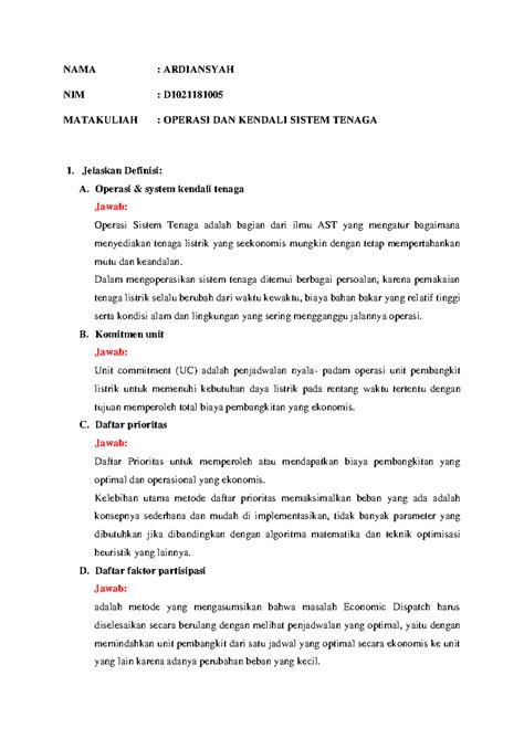 Ardiansyah D1021181005 Tugas Operasi Dan Kendali Sistem Tenaga Nama