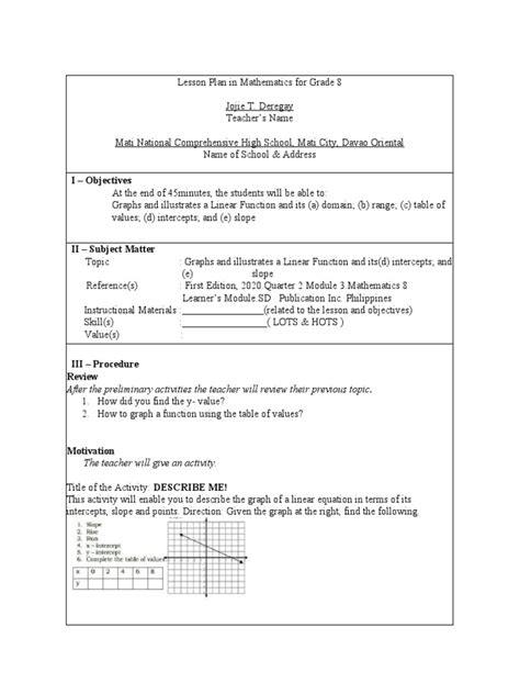 Lesson Plan Intercepts And Slope Pdf Teaching Methods And Materials