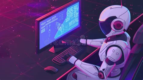 A Robot Is Sitting At A Computer Desk Typing On A Keyboard Futuristic
