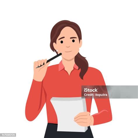 귀여운 여자가 메모장에 메모를 씁니다 어린 학생 소녀는 손에 연필로 사려 깊다 손에 대한 스톡 벡터 아트 및 기타 이미지 손