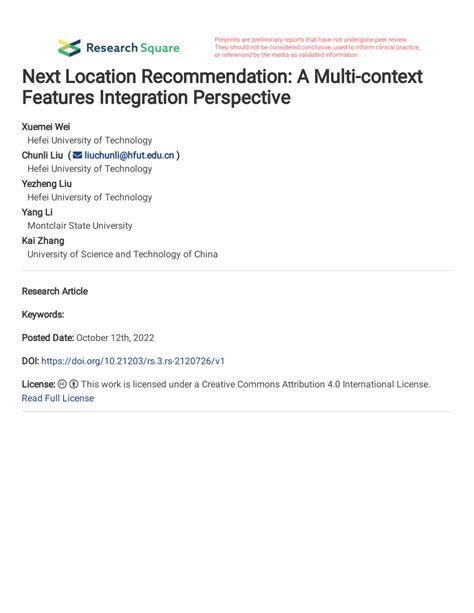 Pdf Next Location Recommendation A Multi Context Features Integration Perspective