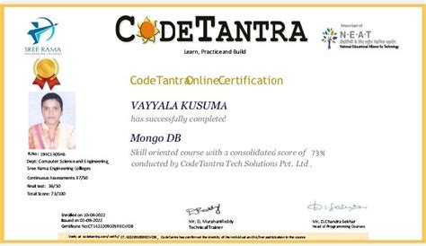 Certificate From Codetantra In Mongo Db Helps Me A Lot To Know About Kusuma Vayyala