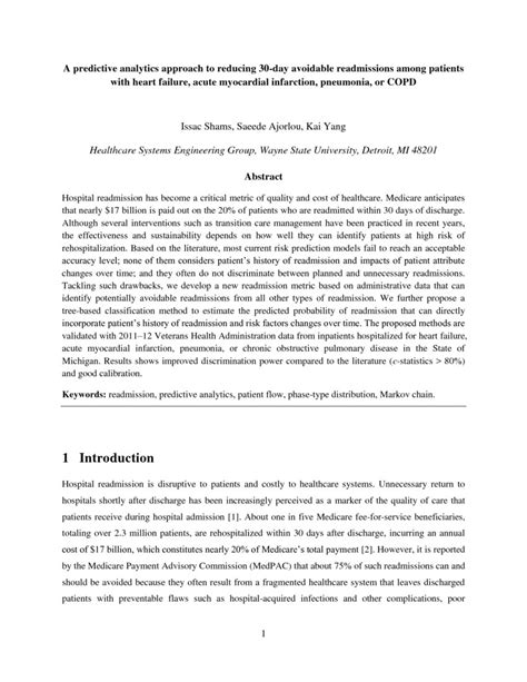 A Predictive Analytics Approach To Reducing Avoidable Hospital Readmission Deepai