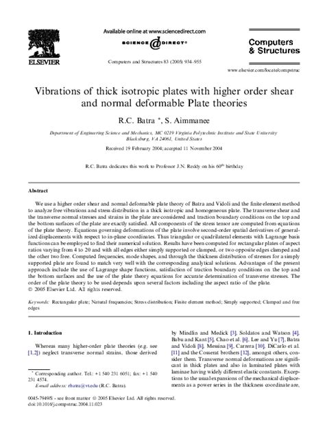 Pdf Vibrations Of Thick Isotropic Plates With Higher Order Shear And Normal Deformable Plate