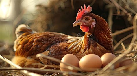 Free Range Chickens Roaming Around A Farmyard With Fresh Eggs Nestled