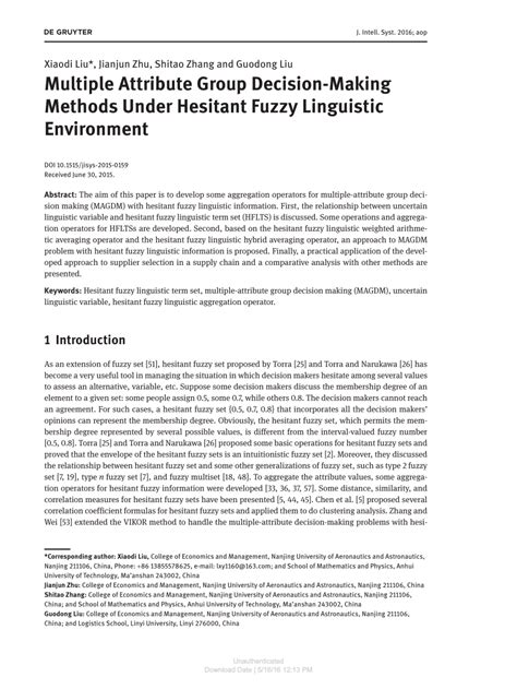 Pdf Multiple Attribute Group Decision Making Methods Under Hesitant Fuzzy Linguistic Environment
