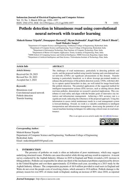 Pdf Pothole Detection In Bituminous Road Using Convolutional Neural