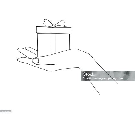 선물 상자를 들고 있는 손의 연속 선 그리기 활발한 획이 있는 리본 간단한 라인 아트가 있는 골판지 상자를 제공합니다 휴일 생일 추수 감사절 개념 개념에 대한 스톡 벡터