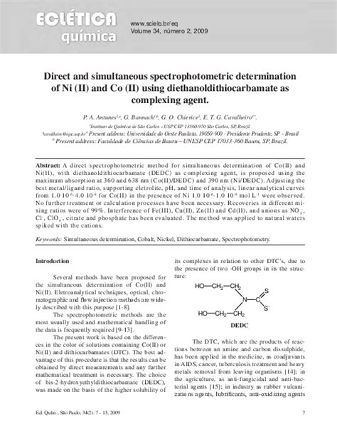 Pdf Direct And Simultaneous Spectrophotometric Determination Of Ni Ii And Co Ii Using