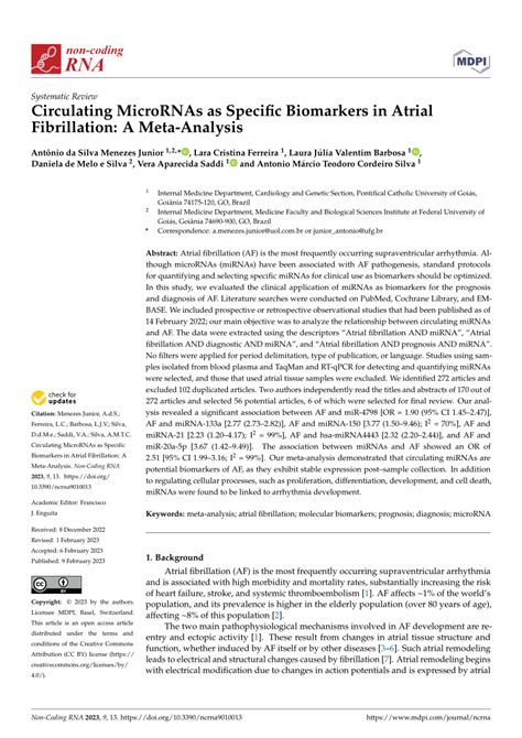 Pdf Non Coding Rna Circulating Micrornas As Specific Biomarkers In Atrial Fibrillation A Meta