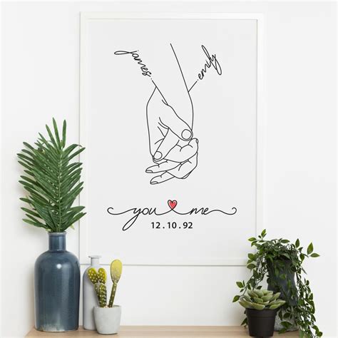 Personalized Holding Hands Line Art Print Couple Names Anniversary