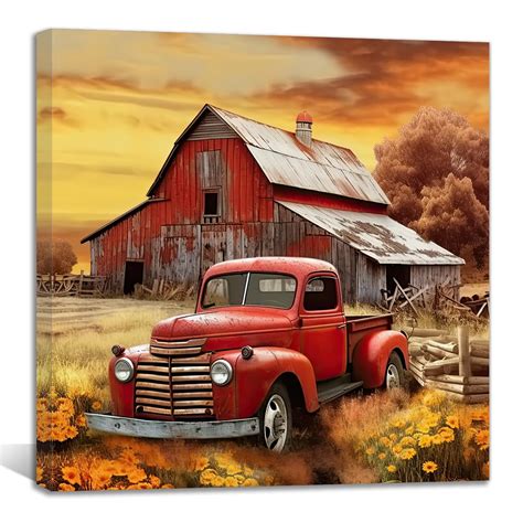 Qixiang Red Truck Wall Art Vintage Red Barn Canvas Prints