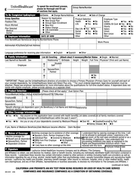 Fillable Unitedhealthcare Employee Enrollment Form Printable Pdf Download