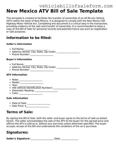 Access New Mexico Atv Bill Of Sale Template ≡ Motor Vehicle Bill Of Sale