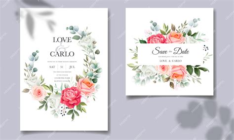 아름 다운 꽃과 나뭇잎 장식으로 설정 꽃 결혼식 초대장 템플릿 프리미엄 벡터