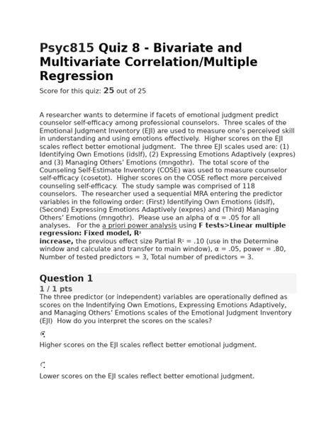 Psyc815 Quiz 8 Bivariate And Multivariate Correlation Multiple Regression Pdf