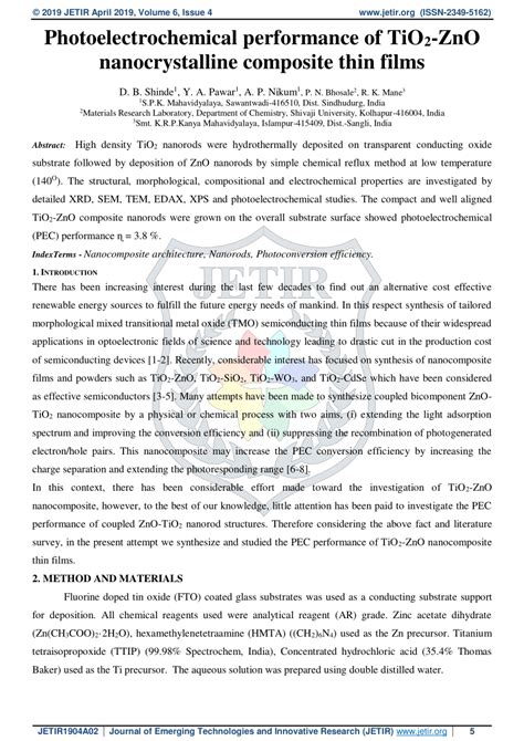 Pdf Photoelectrochemical Performance Of Tio2 Zno Nanocrystalline Composite Thin Films