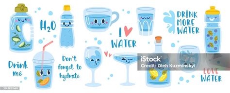 귀여운 만화 물병입니다 물을 더 많이 마신다 재미 있는 마시는 병 마스코트 캐릭터입니다 만화 컵 유리 플라스틱 플라스크 물 균형에 대한 글자 및 인용문 벡터 세트 0에 대한