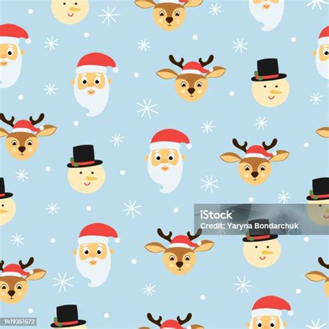 파란색 배경에 귀여운 사슴 눈사람 및 산타 클로스의 원활한 패턴 귀여운에 대한 스톡 벡터 아트 및 기타 이미지 귀여운 순록 12월 Istock