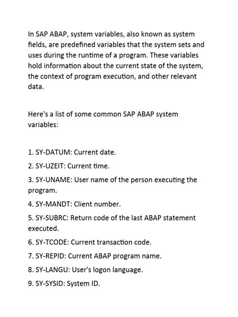 System Variables In Sap Abap Pdf Business Computers